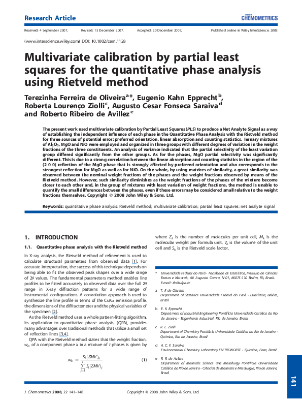 Pdf Multivariate Calibration By Partial Least Squares For The