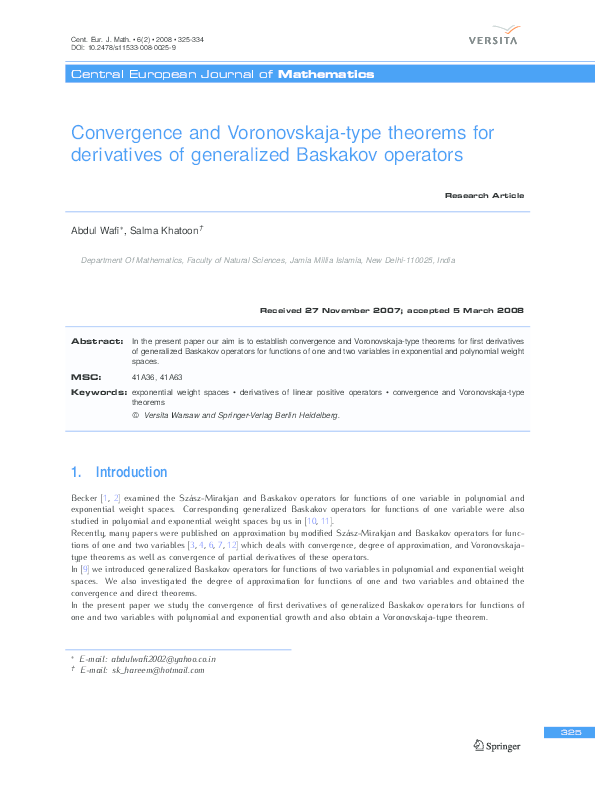 (PDF) Convergence and Voronovskaja-type theorems for derivatives of generalized Baskakov operators