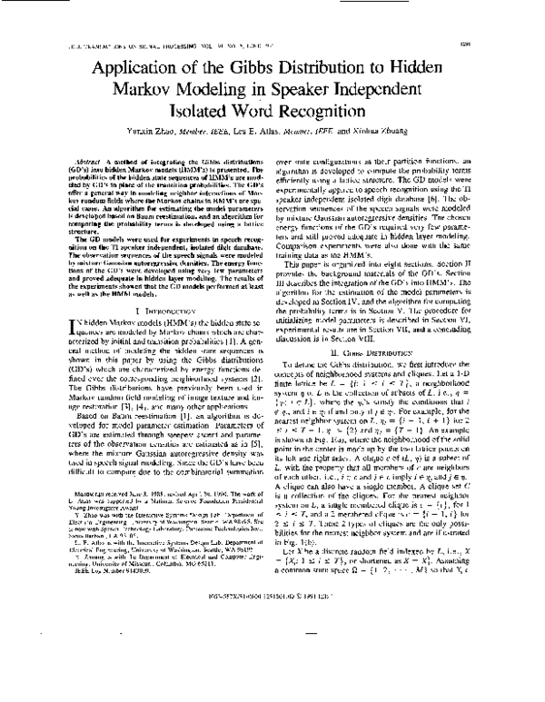(PDF) Application of the Gibbs distribution to hidden Markov modeling in speaker independent ...