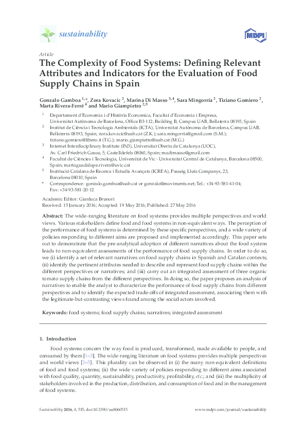 (PDF) The Complexity of Food Systems: Defining Relevant Attributes and ...