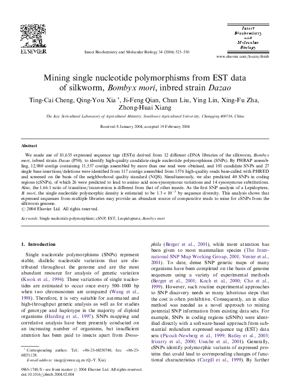 (PDF) Mining single nucleotide polymorphisms from EST data of silkworm, Bombyx mori, inbred ...
