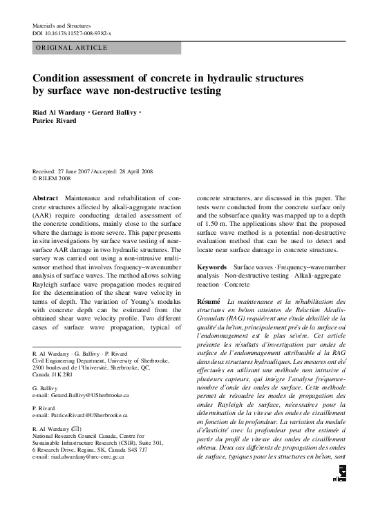 Pdf Condition Assessment Of Concrete In Hydraulic Structures By Surface Wave Non Destructive