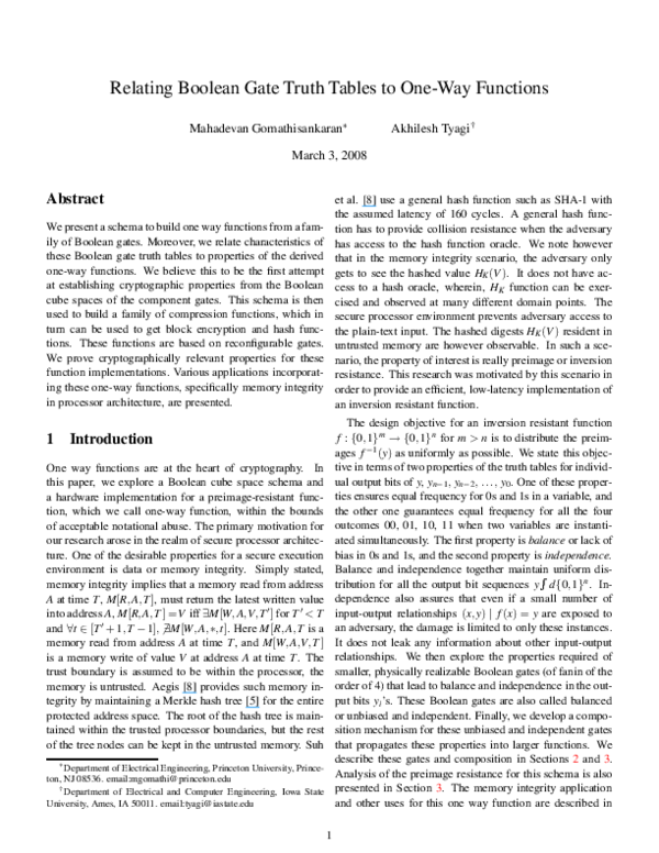 Pdf Relating Boolean Gate Truth Tables To One Way Functions