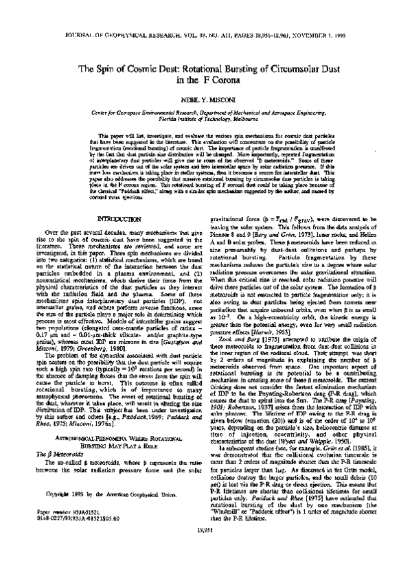 (PDF) The Spin of Cosmic Dust: Rotational Bursting of Circumsolar Dust ...