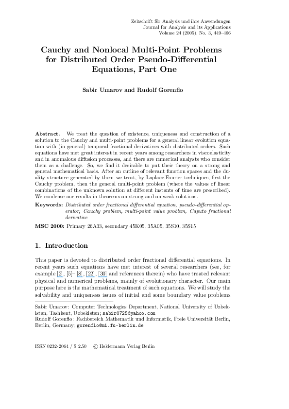 (PDF) Cauchy and Nonlocal MultiPoint Problems for Distributed Order Pseudo-Differential ...