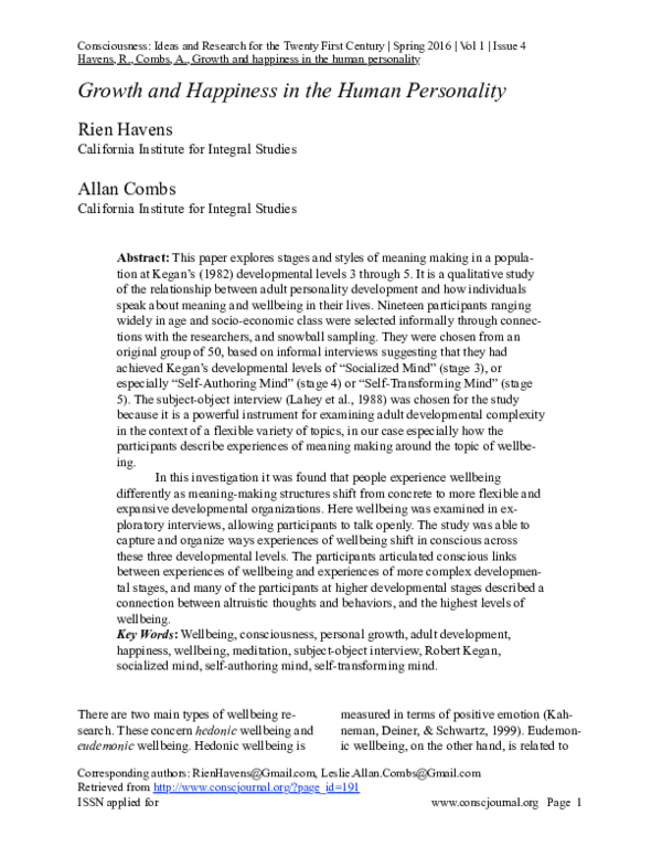 (PDF) Havens, R., & Combs, A. (2016). Growth and Happiness in the Human ...