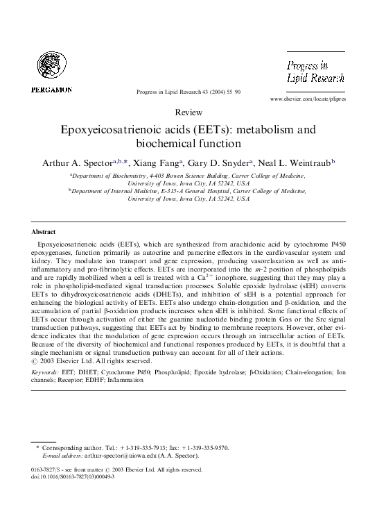 (PDF) Epoxyeicosatrienoic acids (EETs): metabolism and biochemical function
