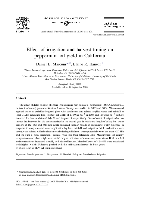 (PDF) Effect of irrigation and harvest timing on peppermint oil yield ...