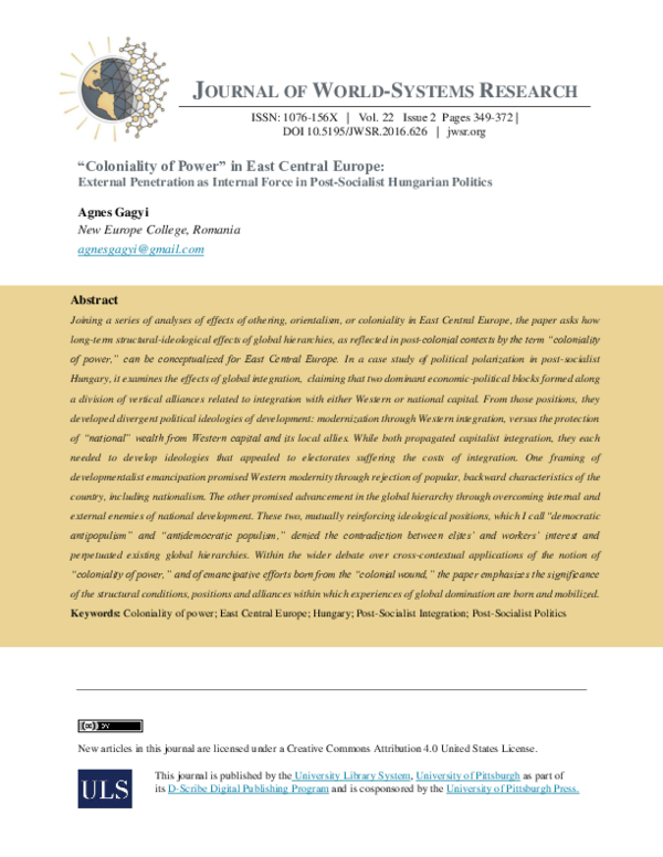 (PDF) " Coloniality of Power " in East Central Europe: External ...