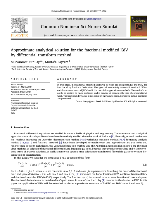 Pdf Approximate Analytical Solution For The Fractional Modified Kdv
