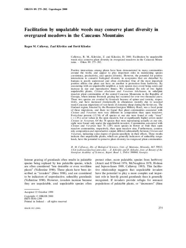 (PDF) Facilitation by unpalatable weeds may conserve plant diversity in ...