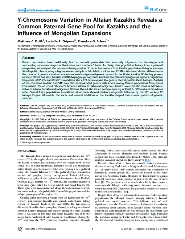 (PDF) Y-Chromosome Variation in Altaian Kazakhs Reveals a Common ...