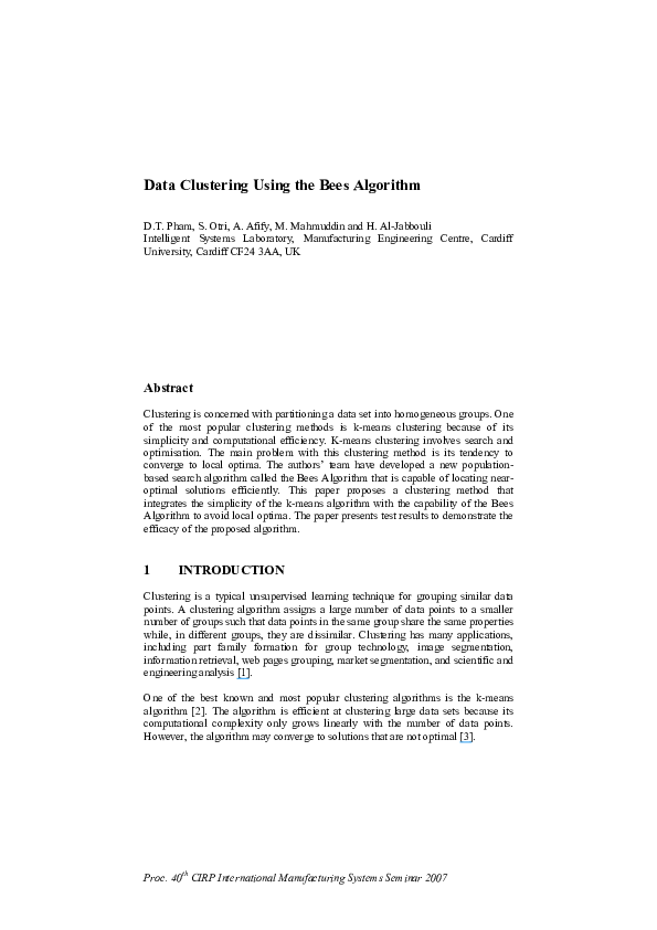Pdf Data Clustering Using The Bees Algorithm