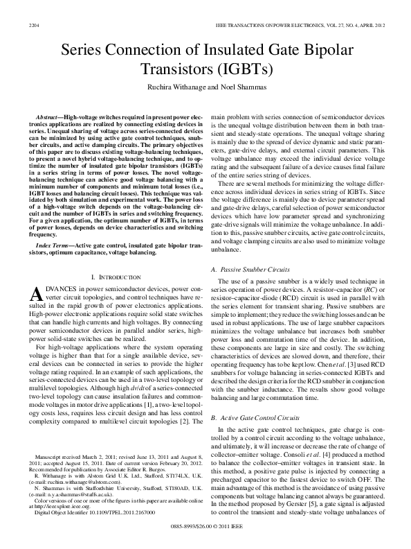 Pdf Series Connection Of Insulated Gate Bipolar Transistors Igbts