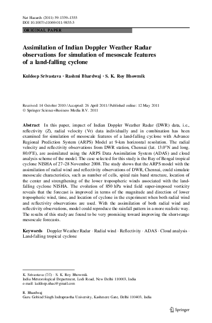 Pdf Assimilation Of Indian Doppler Weather Radar Observations For Simulation Of Mesoscale
