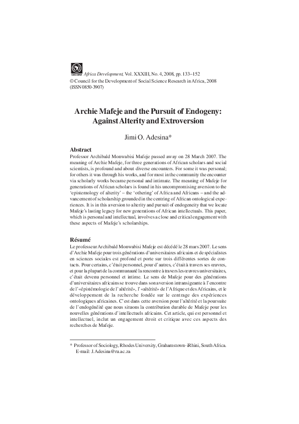 (PDF) Archie Mafeje and the Pursuit of Endogeny: Against Alterity and ...