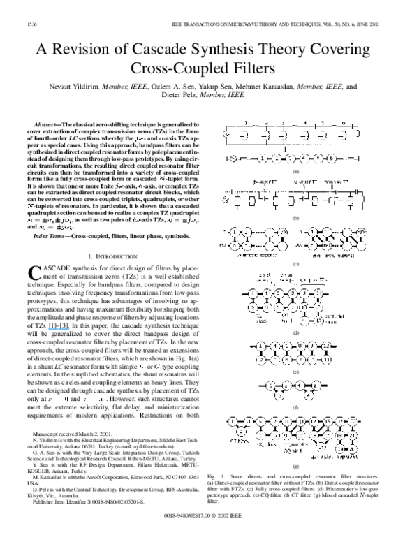 (PDF) A revision of cascade synthesis theory covering cross-coupled filters