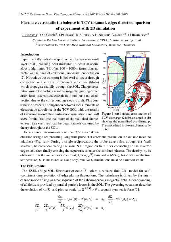 (PDF) Plasma electrostatic turbulence in TCV tokamak edge: direct comparison of experiment with ...