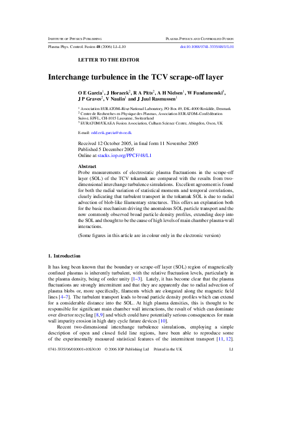 (PDF) Turbulence and transport in the scrape-off layer TCABR tokamak | Luiz Baccalá - Academia.edu