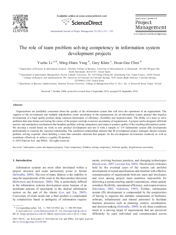 (PDF) The role of team problem solving competency in information system development projects