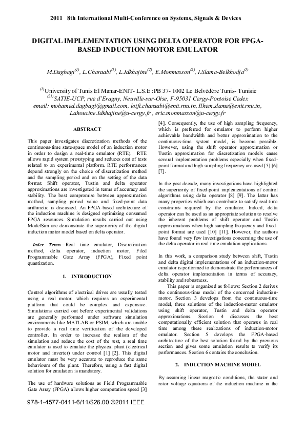 (PDF) Digital implementation using delta operator for FPGA-based induction motor emulator
