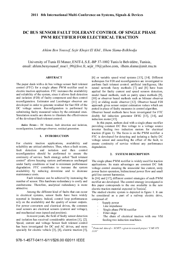 Pdf Dc Bus Sensor Fault Tolerant Control Of Single Phase Pwm Rectifier For Electrical Traction