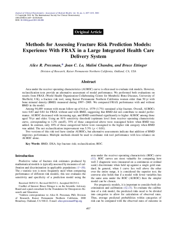 (PDF) Methods for Assessing Fracture Risk Prediction Models: Experience ...