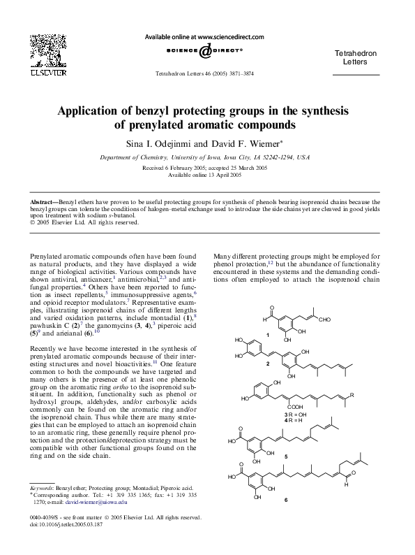 (PDF) Application of benzyl protecting groups in the synthesis of ...