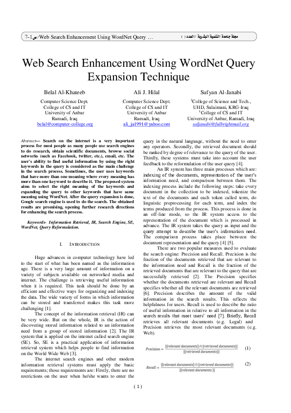 (PDF) Web Search Enhancement Using WordNet Query Expansion Technique