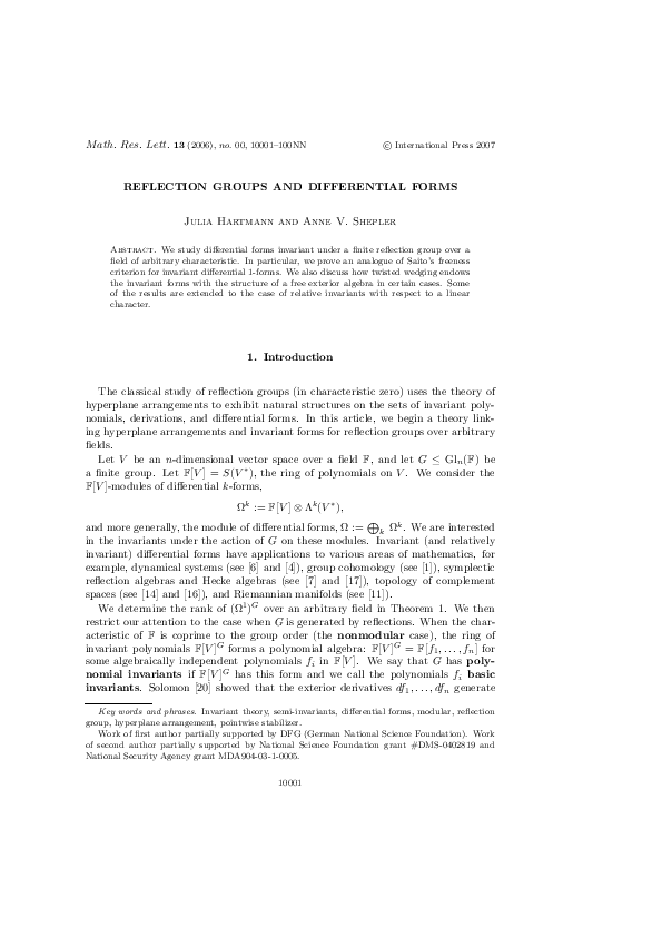 (PDF) Reflection Groups and Differential Forms | Julia Hartmann and ...