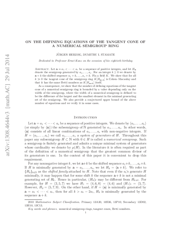(PDF) On the defining equations of the tangent cone of a numerical semigroup ring