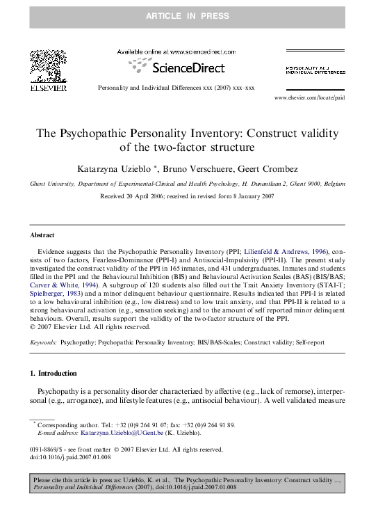 (PDF) The Psychopathic Personality Inventory: Construct validity of the ...