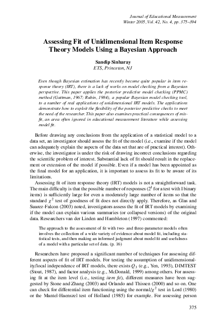 (PDF) Assessing Fit of Unidimensional Item Response Theory Models Using a Bayesian Approach