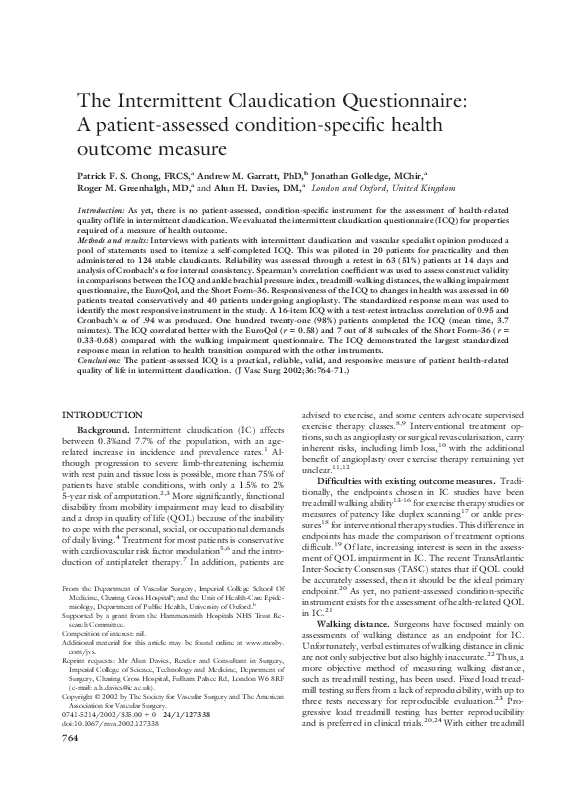 (PDF) The intermittent claudication questionnaire: a patient-assessed ...