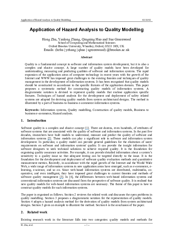 (PDF) Application of Hazard Analysis to Software Quality Modelling