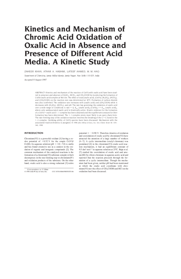 (PDF) Kinetics and mechanism of chromic acid oxidation of oxalic acid ...