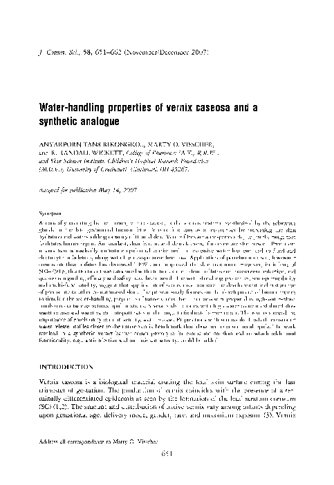 (PDF) Water-handling properties of vernix caseosa and a synthetic analogue