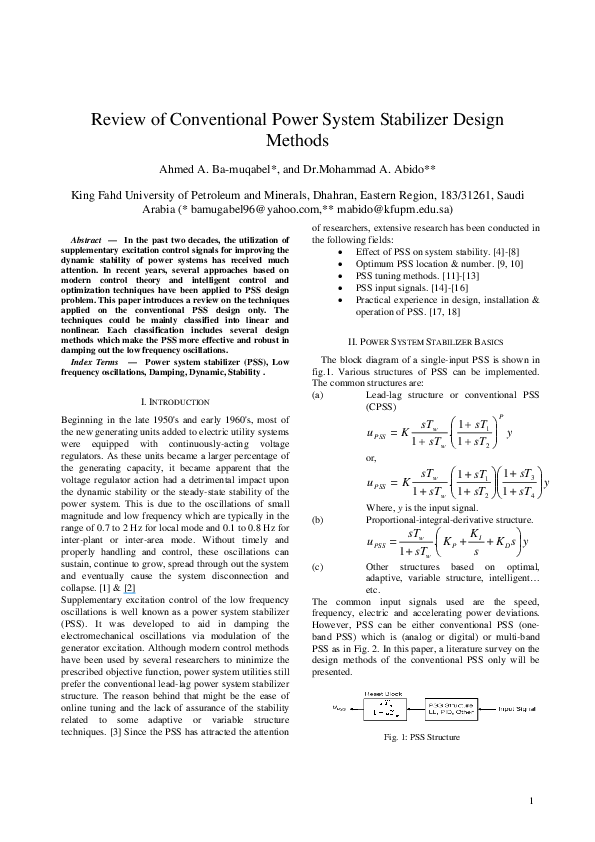 (PDF) Review of conventional power system stabilizer design methods