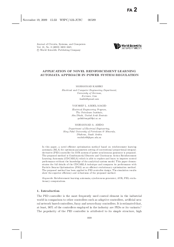 (PDF) Application of Novel Reinforcement Learning Automata Approach in Power System Regulation ...