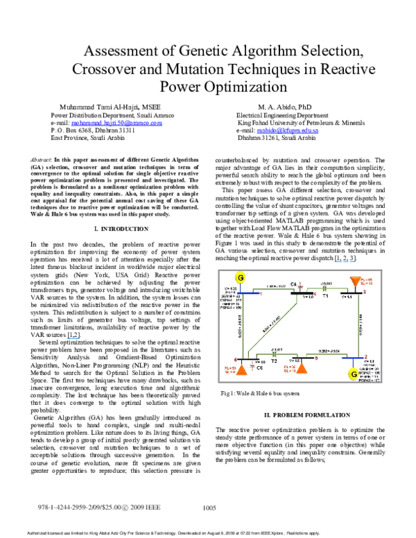 Pdf Assessment Of Genetic Algorithm Selection Crossover And Mutation