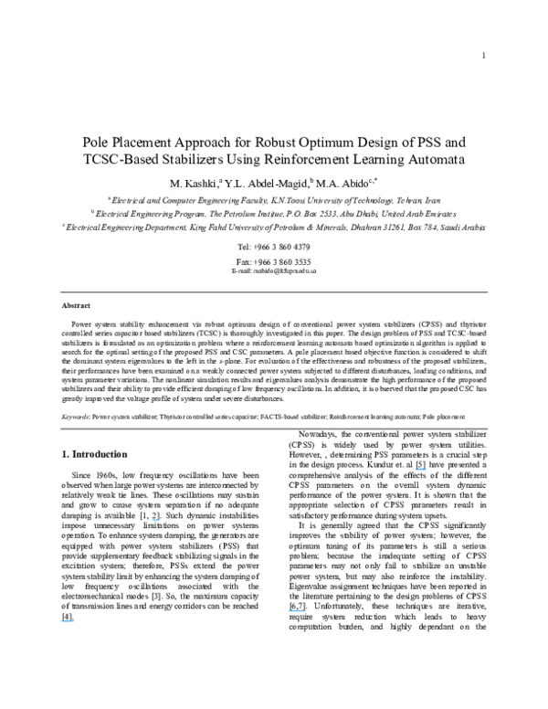 (PDF) Pole placement approach for robust optimum design of PSS and TCSC-based stabilizers using ...