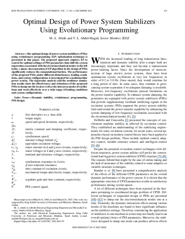 (PDF) Optimal design of power-system stabilizers using particle swarm optimization