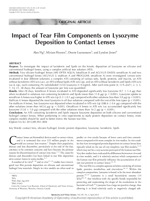 (PDF) Impact of Tear Film Components on Lysozyme Deposition to Contact ...