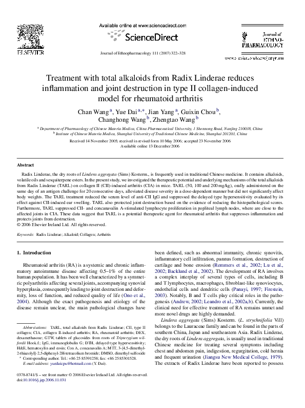 (PDF) Treatment with total alkaloids from Radix Linderae reduces ...