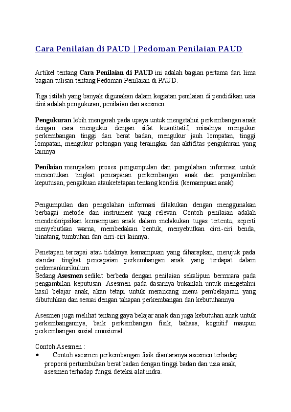 (DOC) Cara Penilaian di PAUD | Pedoman Penilaian PAUD