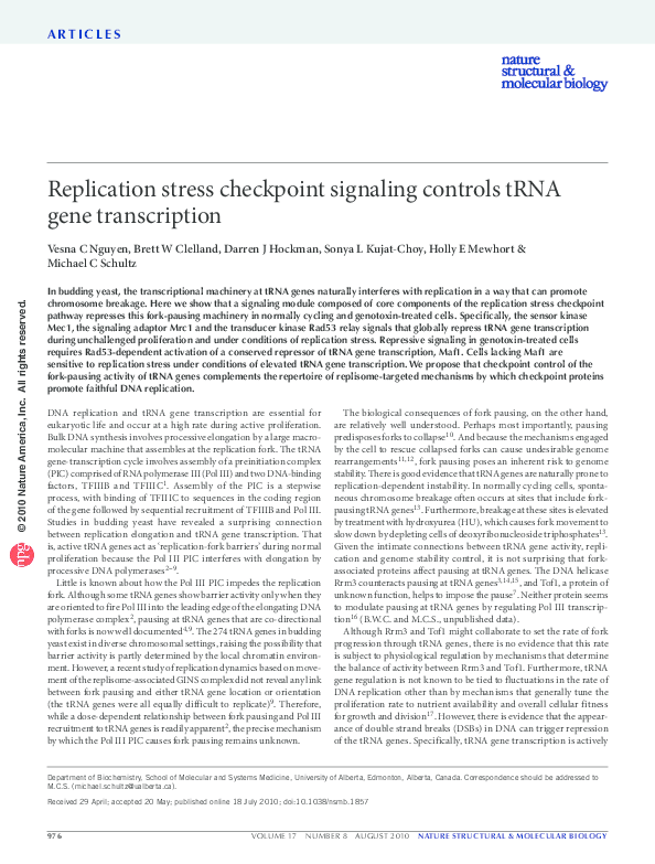 (PDF) Replication stress checkpoint signaling controls tRNA gene ...