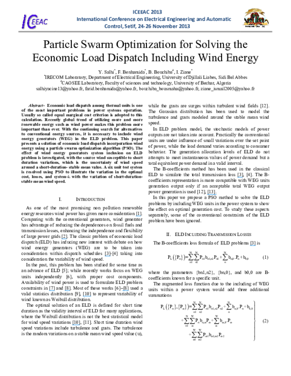 Pdf Particle Swarm Optimization For Solving The Economic Load Dispatch Including Wind Energy