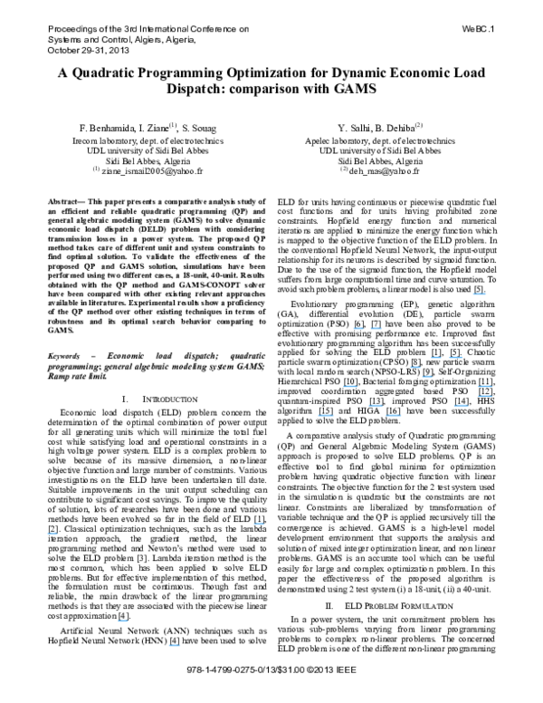 Pdf A Quadratic Programming Optimization For Dynamic Economic Load Dispatch Comparison With Gams 