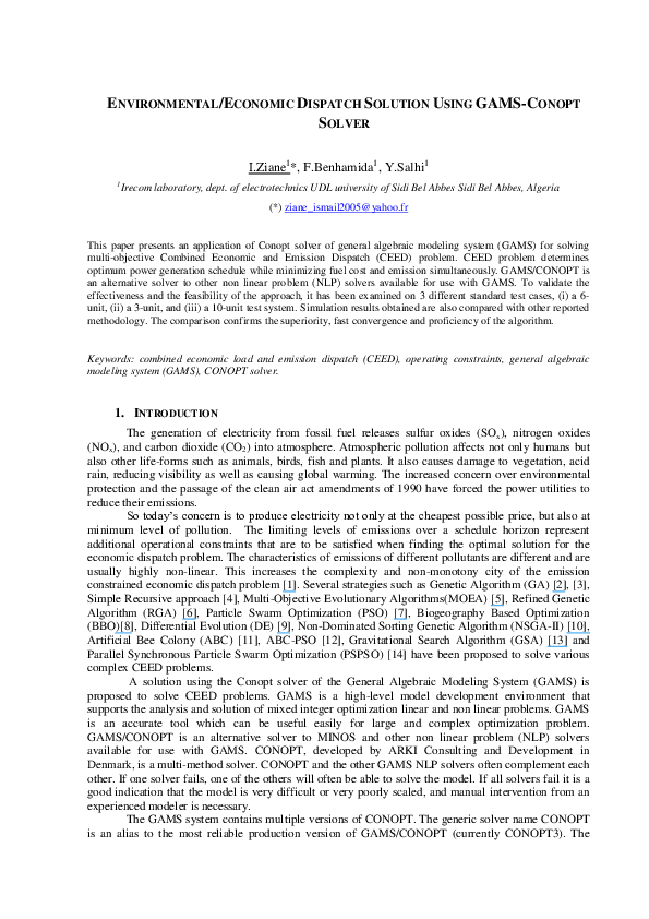 (PDF) Environmental/Economic Dispatch Solution Using Gams-Conopt Solver