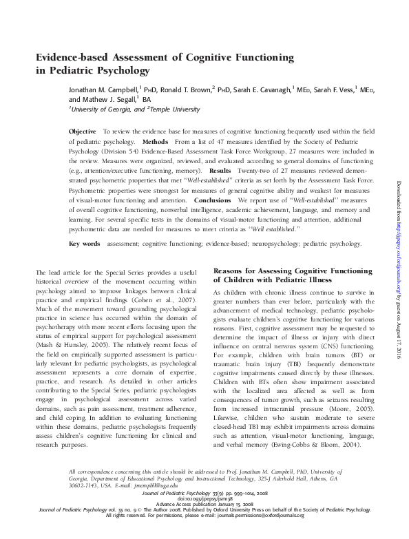(PDF) Evidence-based Assessment of Cognitive Functioning in Pediatric ...